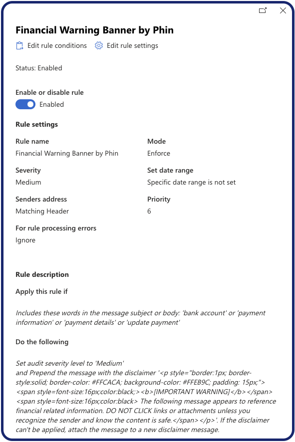 Mail Flow Rule: Financial Warning